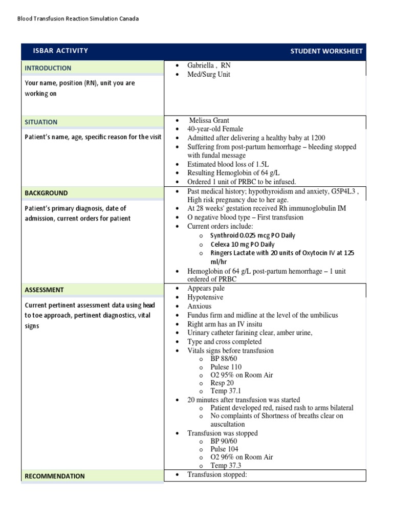 Worksheets - Isbar 1 | PDF | Blood Transfusion | Blood Type