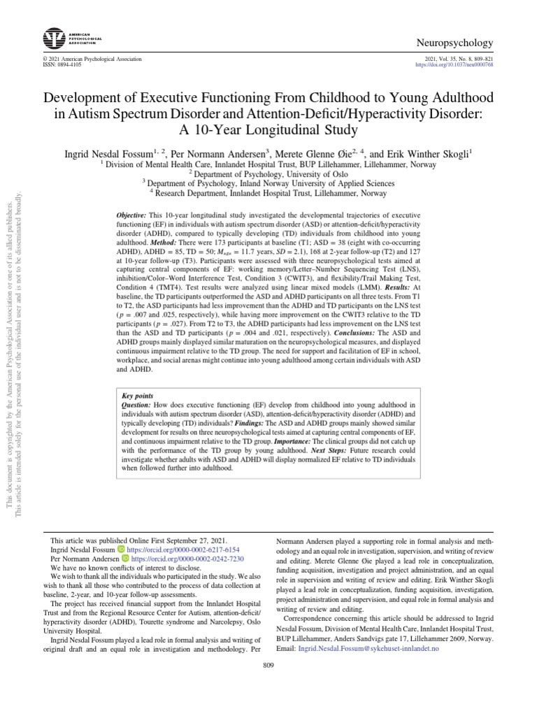 Development of Executive Functioning From Childhood To Young Adulthood in Autism Spectrum ...