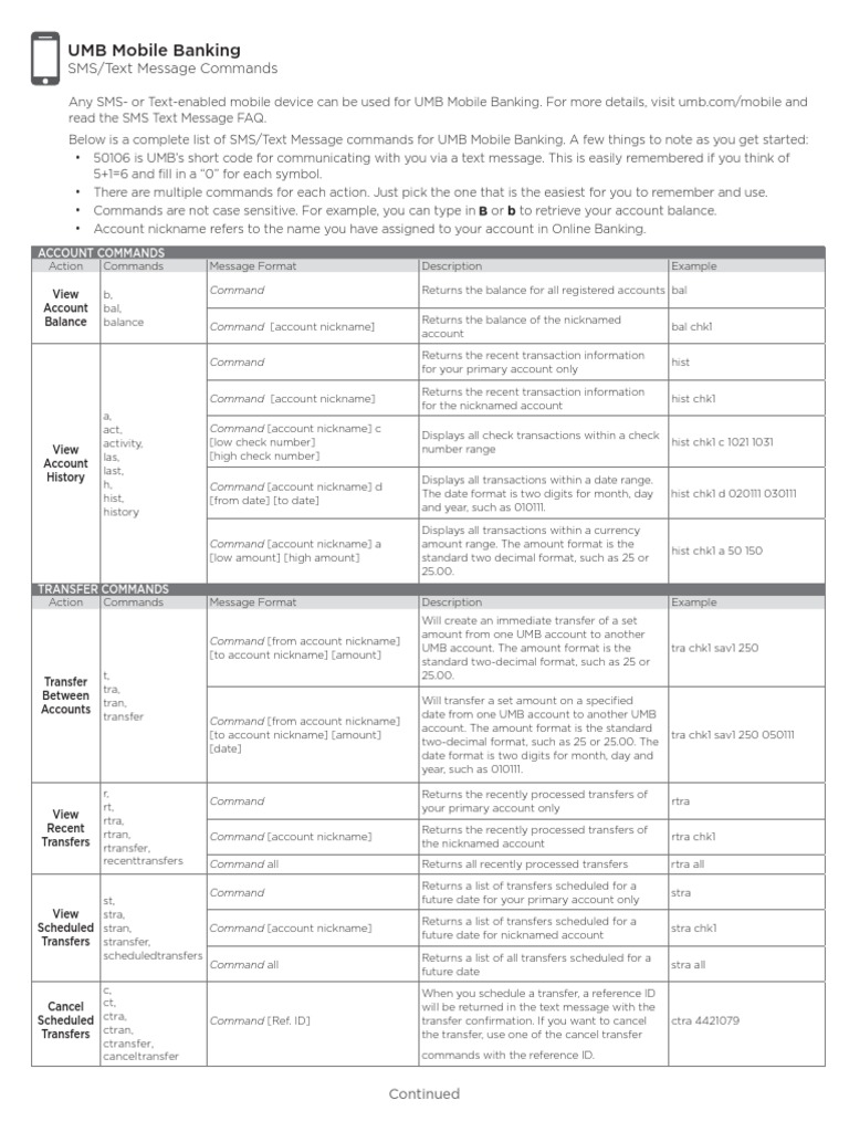 UMB Mobile Banking: SMS/Text Message Commands | PDF | Payments ...