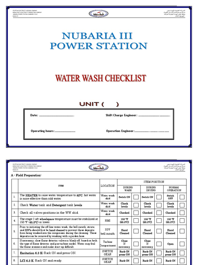 Water Wash CHECKLIST | PDF | Gas Turbine | Valve