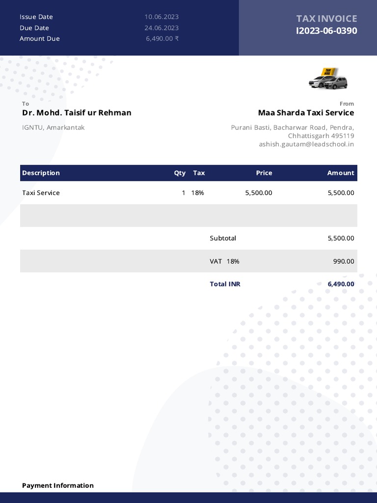 Taxi Service Invoice June 2023 | PDF