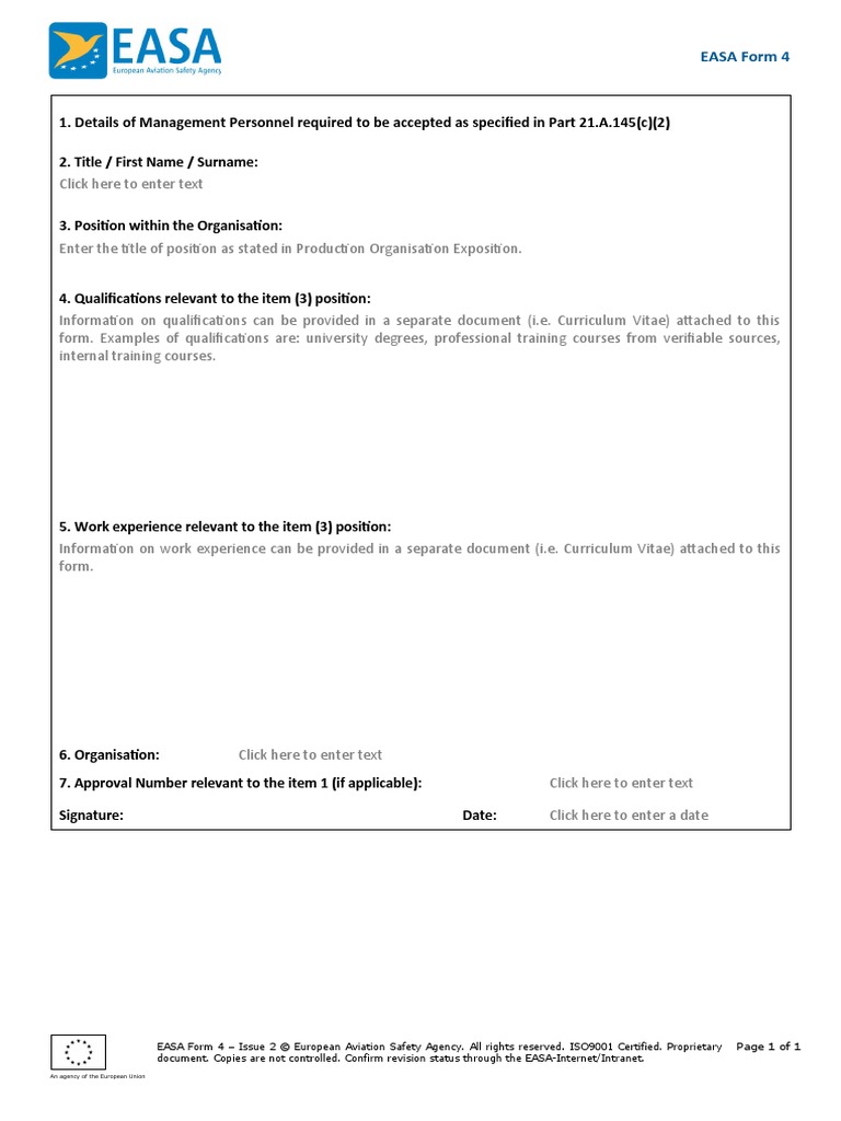 EASA Form 4 - Details of Management Personnel To Be Accepted As ...
