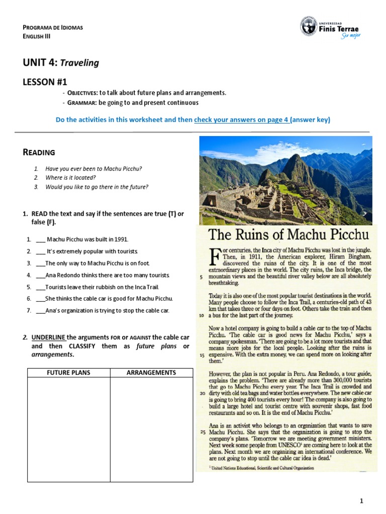 Week 12 Handout (Traveling - Future Plans and Arrangements) + ANSWER ...