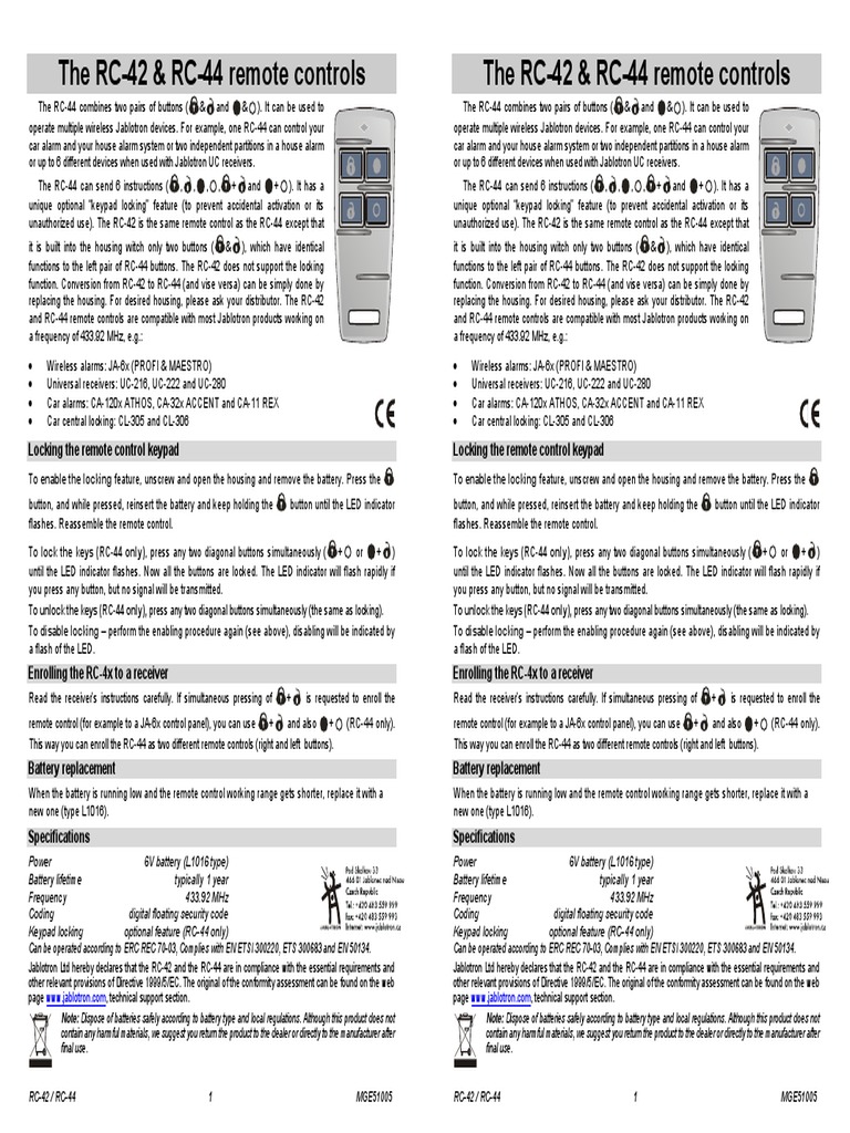 RC 42 44 Remote Control | PDF | Remote Control | Electronics