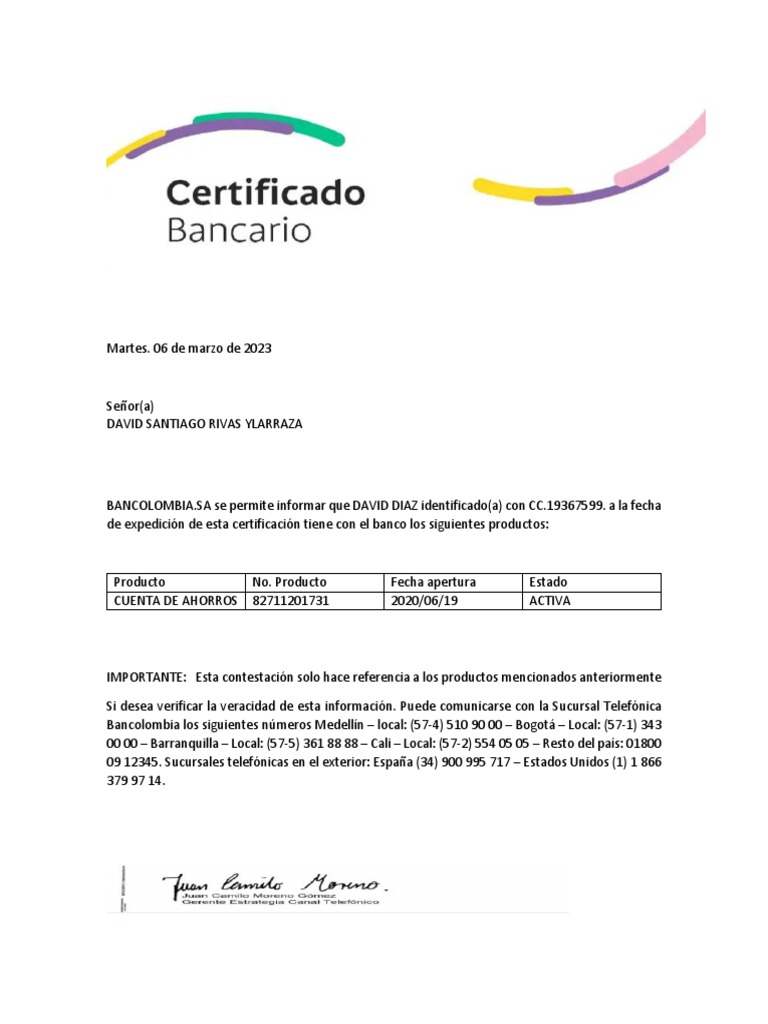 Certificacion Bancaria | PDF | Finanzas y dinero