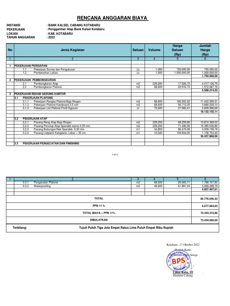 Rencana Anggaran Biaya Rehab Atap Bank Kalsel | PDF