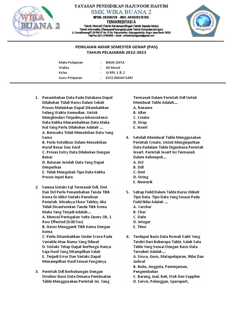 Soal PAS Basis Data XI RPL | PDF