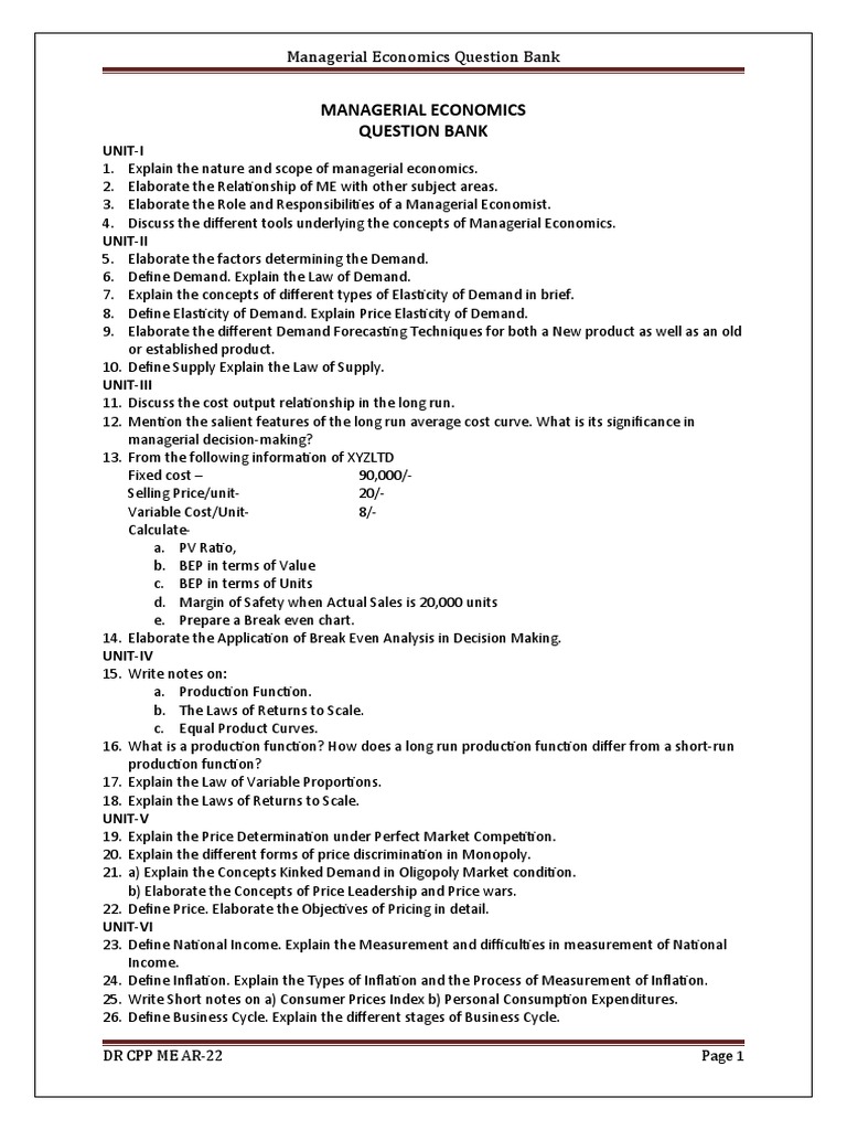 MANAGERIAL ECONOMICS QUESTION BANKAR-22 (1) | PDF | Demand | Economics