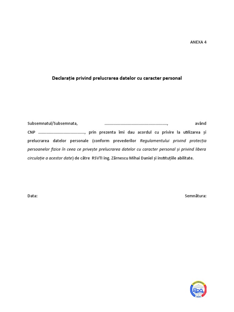 Declarație Privind Prelucrarea Datelor Cu Caracter Personal | PDF
