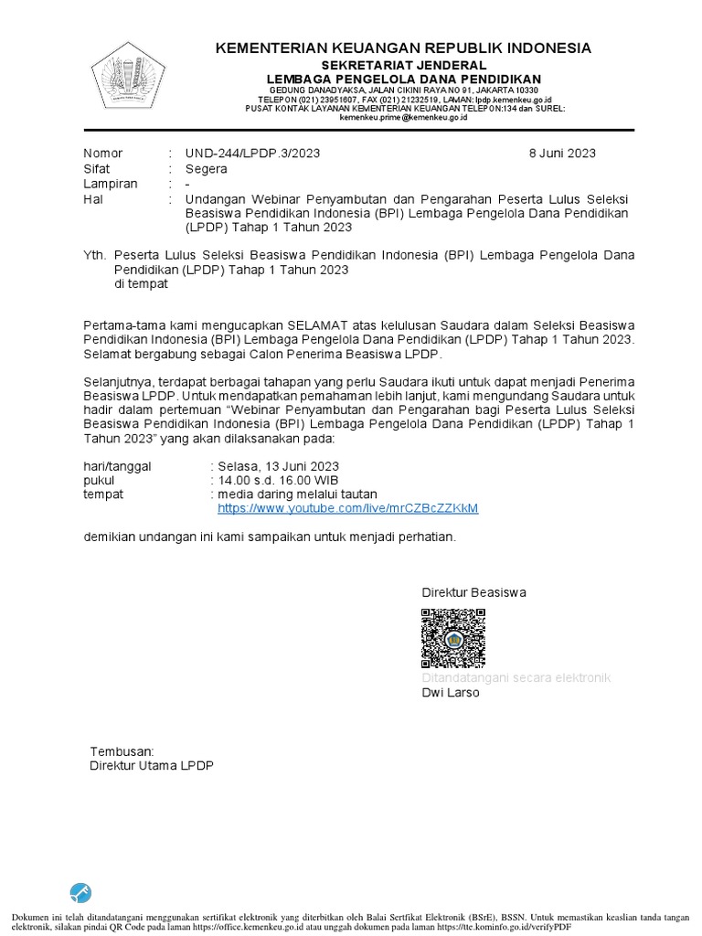 172685 Undangan Webinar Penyambutan Peserta Lulus Seleksi Substansi LPDP Tahap 1 Tahun 2023 | PDF