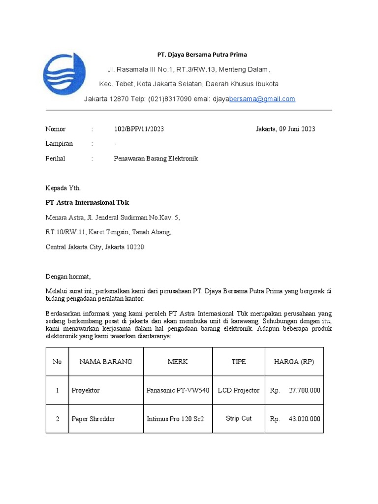 Surat Penawaran PT Djaya Bersama Prima | PDF