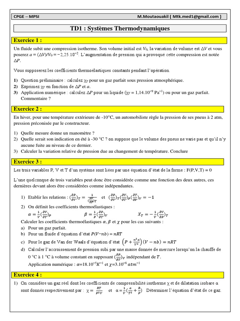 TD1: Systèmes Thermodynamiques: Exercice 1 | PDF | Mécanique newtonienne | Chimie physique
