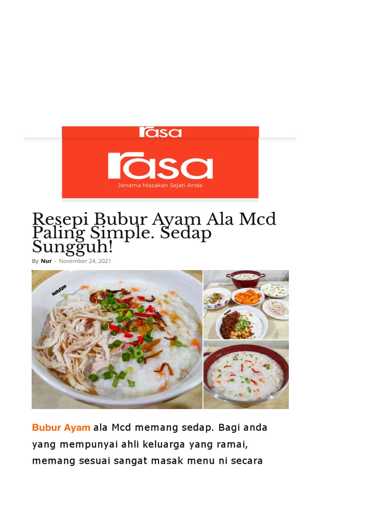Resepi Bubur Ayam Ala MCD Paling Simple. Sedap Sungguh! | PDF