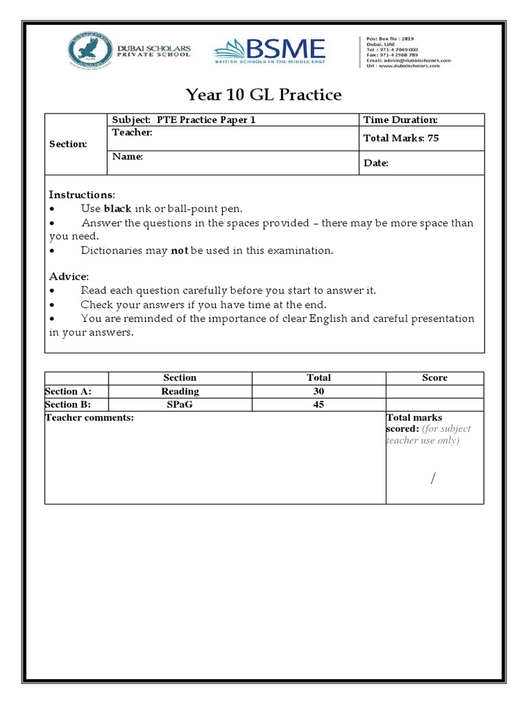 Y10 GL Practice Paper 1 | PDF