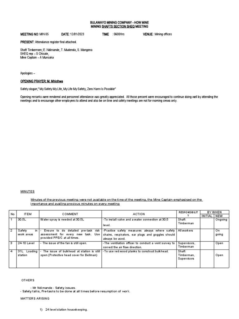 Shafts Sheq Meeting Minutes - December 2022 | PDF | Workplace | Equipment