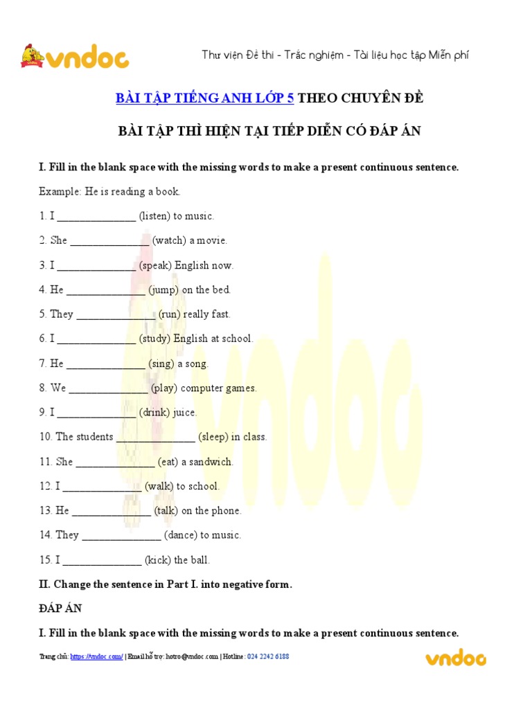 Bai Tap Thi Hien Tai Tiep Dien Lop 5 Co Dap An | PDF | Tone (Linguistics) | Linguistics