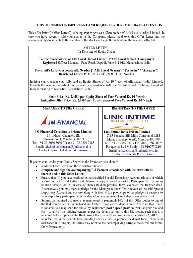 Alfa Laval Letter of Offer | PDF | Stocks | Stock Exchange