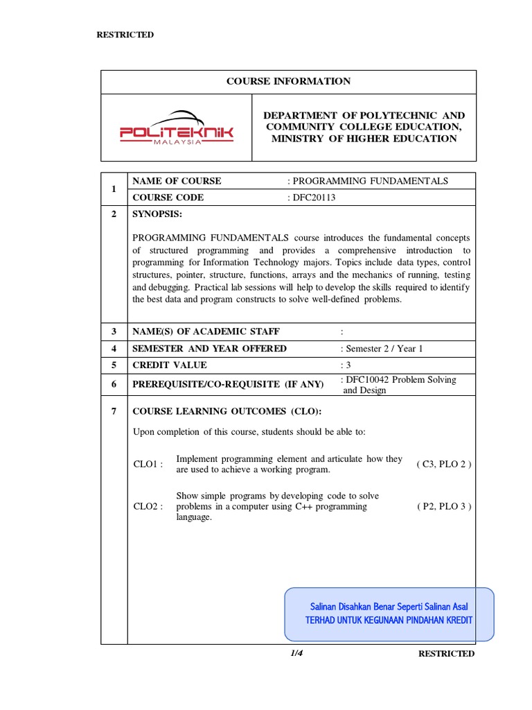 DFC20113 Programming Fundamentals | PDF