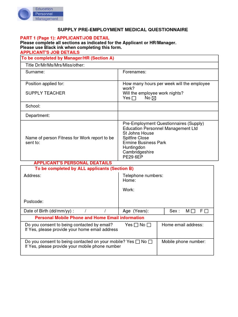 Sample Pre Employment Medical Form | PDF