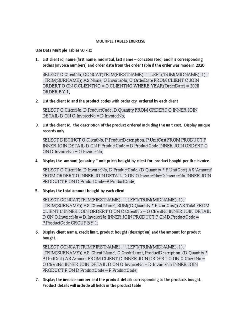 DBA - Multiple Tables Exercise | PDF | Computers