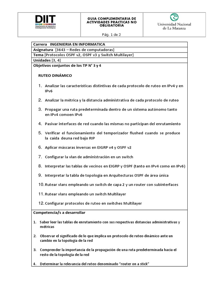 Carrera Ingenieria en Informatica Asignatura (3643 - Redes de Computadoras) Tema Unidades (3, 4 ...