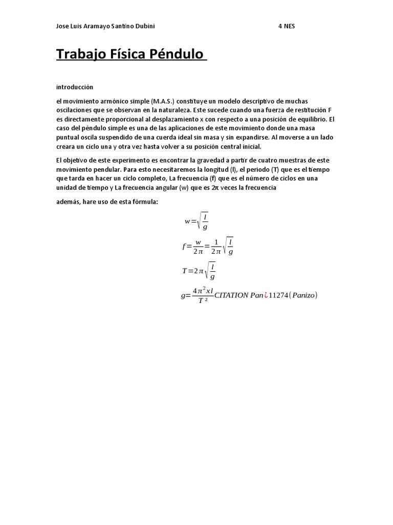 Experimento de Péndulo y Gravedad | PDF | Péndulo | Cantidades fisicas