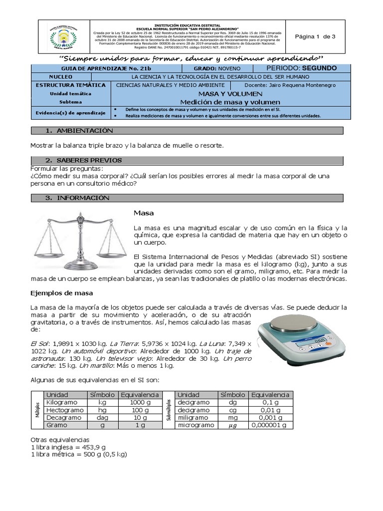 Guia No 21b Masa y Volumen | PDF | Litro | Medición