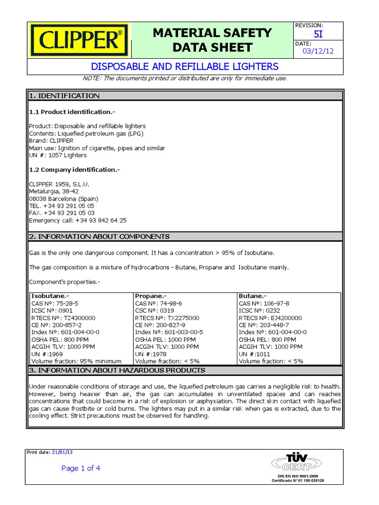 Msds Lighters Clipper | PDF | Liquefied Petroleum Gas | Chemistry