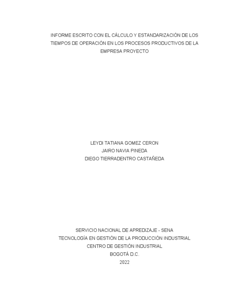 Informe Con El Cálculo y Estandarización de Los Tiempos | PDF | Hora | Medición