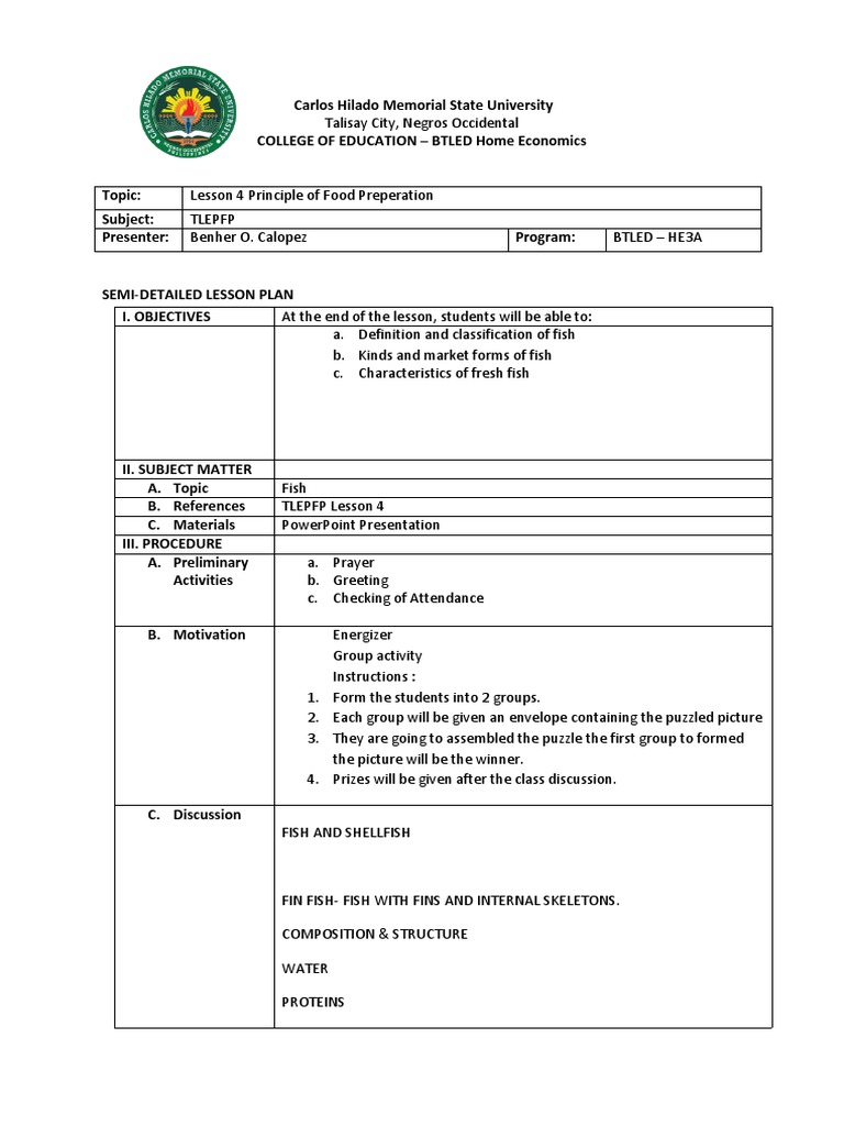 LessonPlan-fish TLE PFP | PDF | Fish | Steak