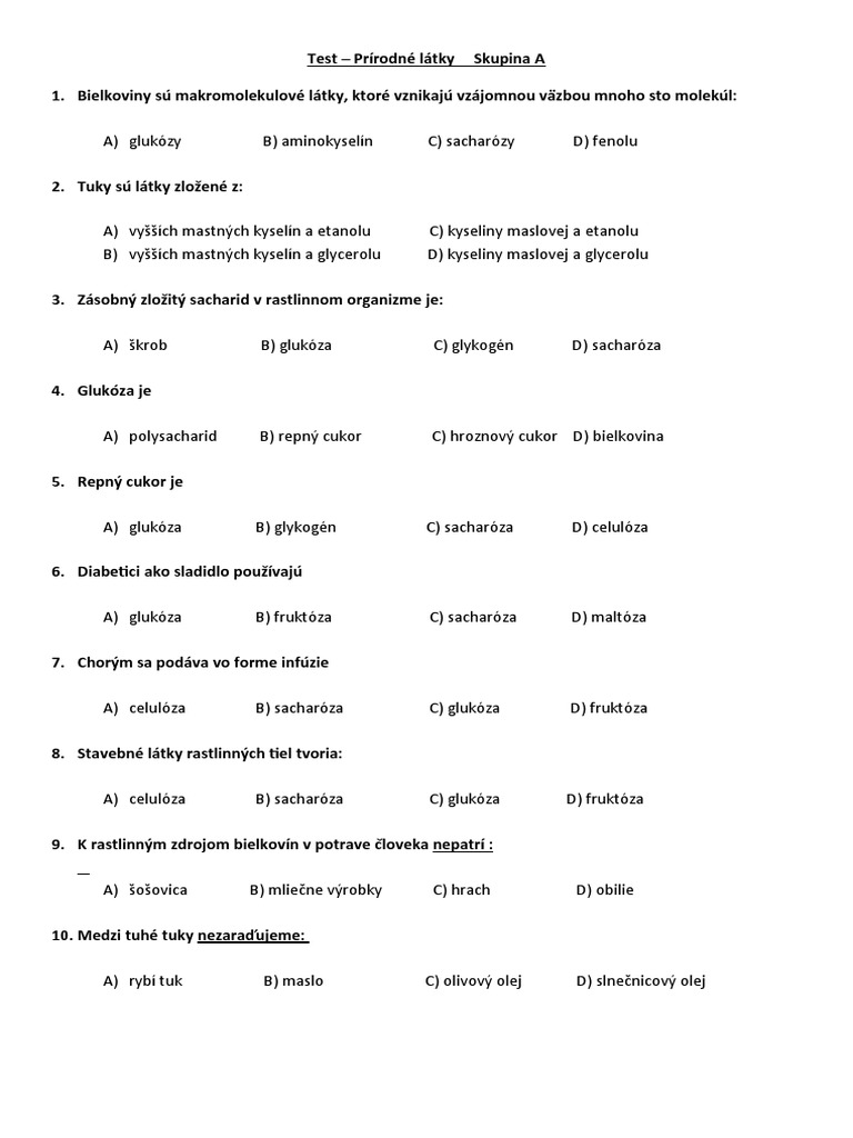 Prírodné Látky, Test | PDF