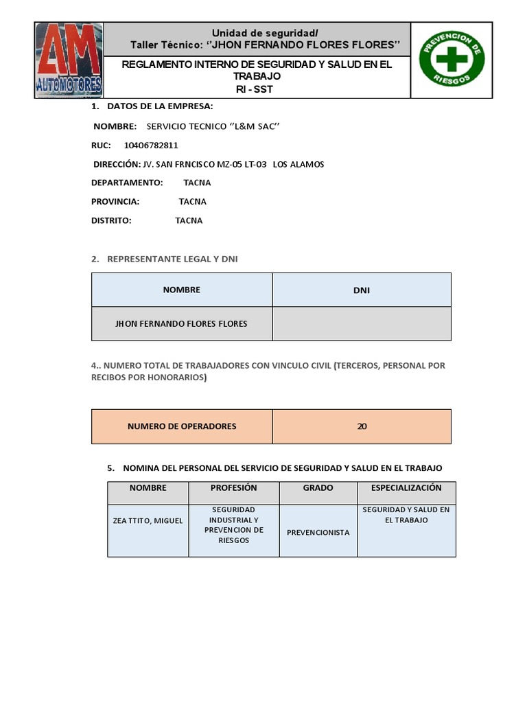 REGLAMENTO INTERNO DE SEGURIDAD Y SALUD EN EL TRABAJO | PDF