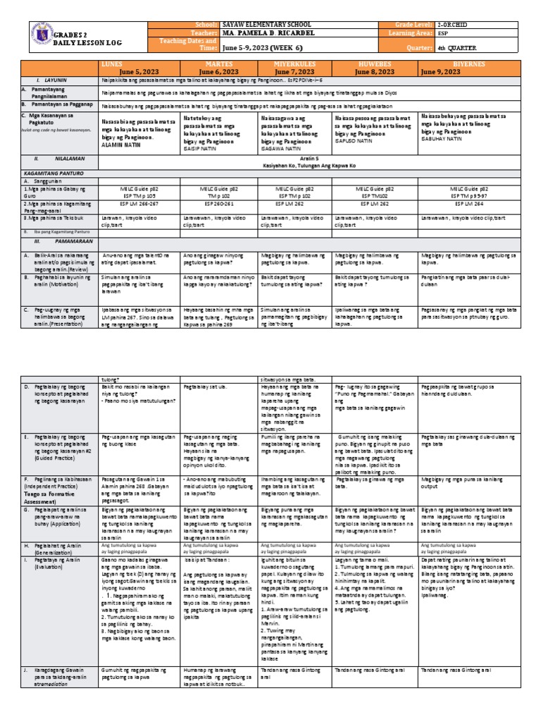 DLL All SUBJECTS-G2 Q4 WEEK 6 | PDF