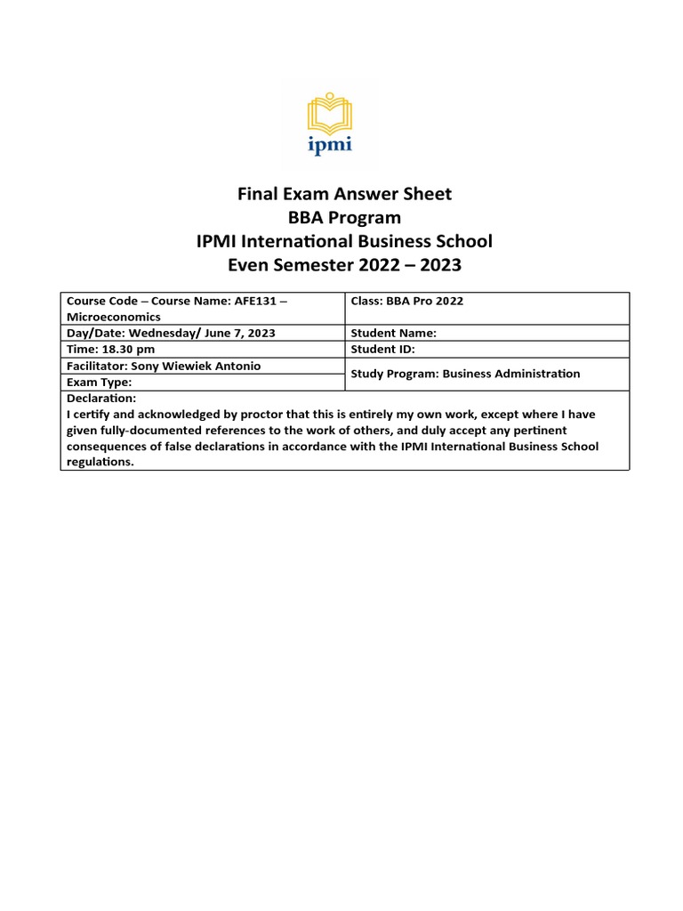 Final Exam Answer Sheet - Microeconomics | PDF