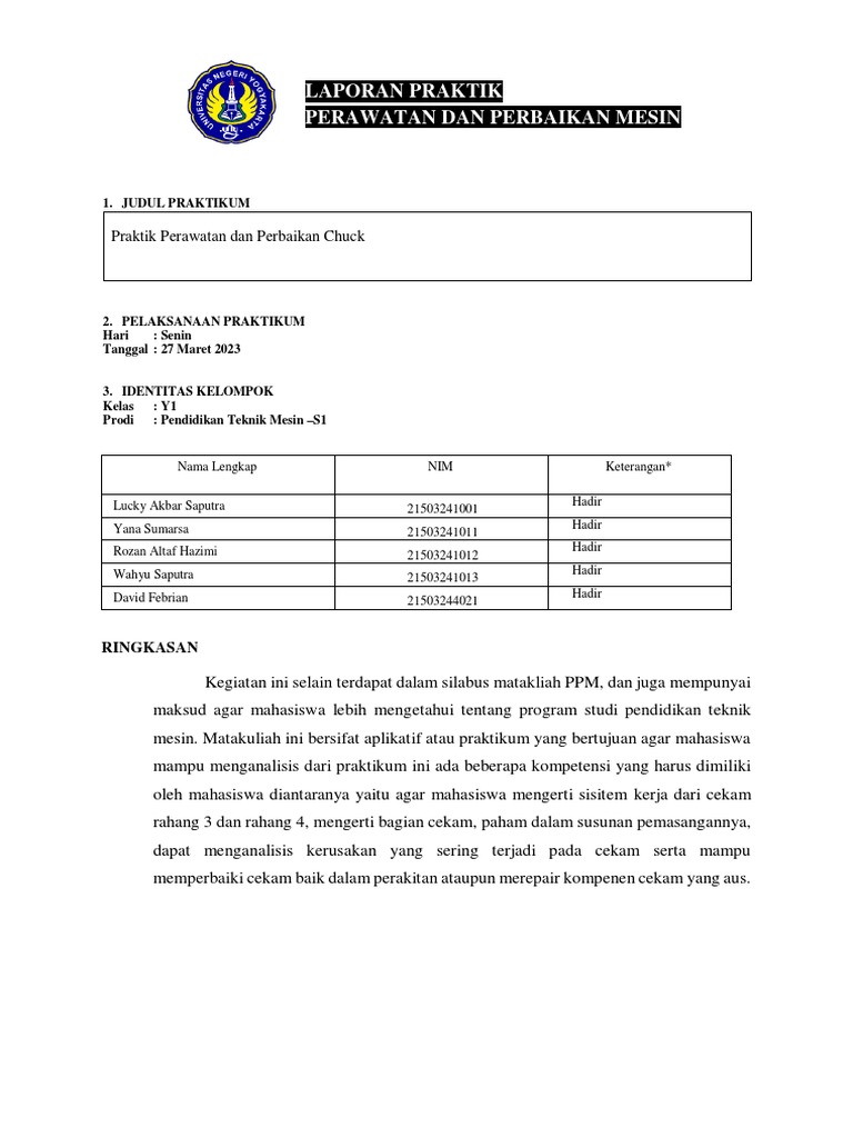 Laporan Perawatan Perbaikan Mesin, CHUCK Mesin Bubut | PDF