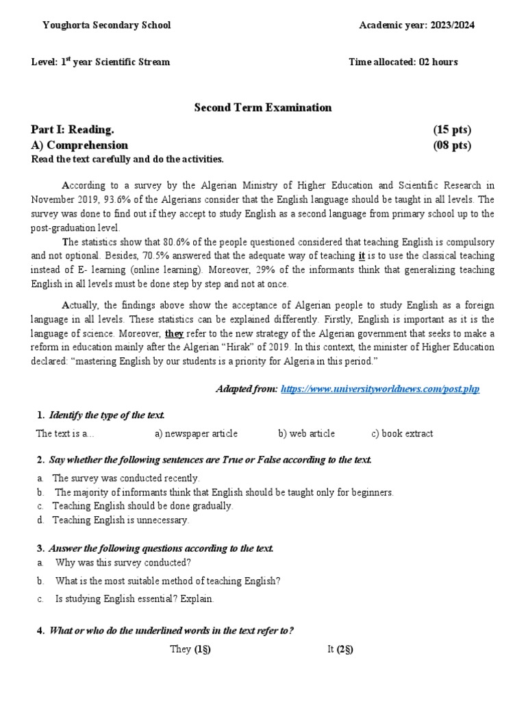 Second Term Examination | PDF | English Language | Schools