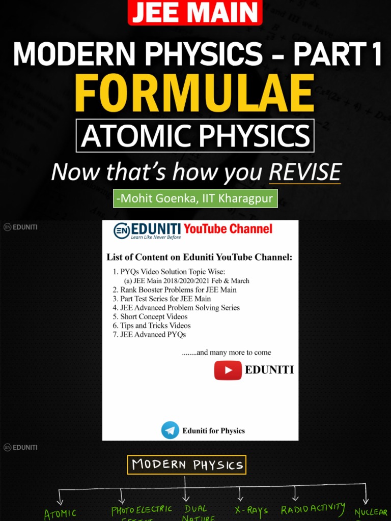 JEE Main - Modern Physics Part 1 - Atomic Physics - Formulae Revision ...