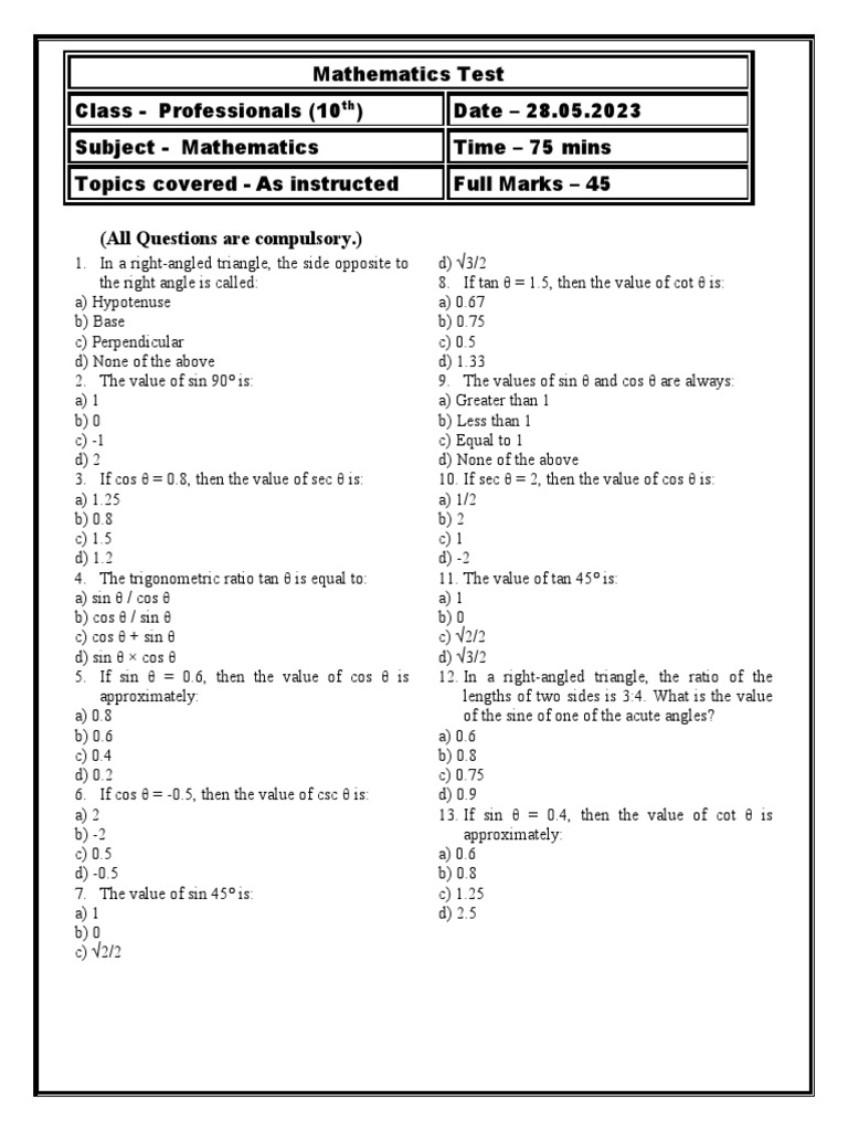 Trigonometry 40 Marks | PDF | Trigonometry | Triangle