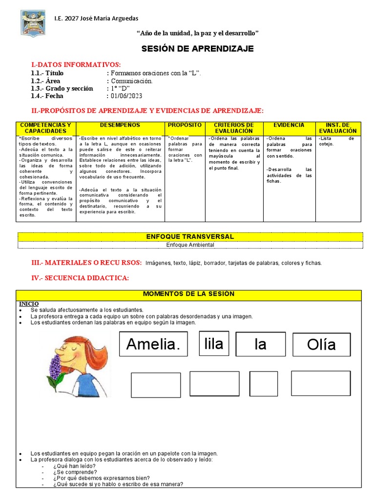 Sesiòn de Aprendizaje de Comunicaciòn Formamos Oraciones Con La Letra L ...