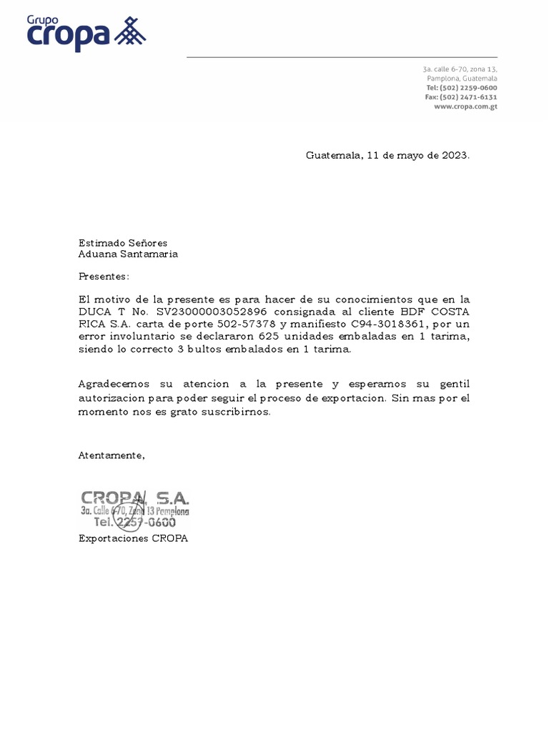 Carta Correccion de Bultos Costa Rica | PDF