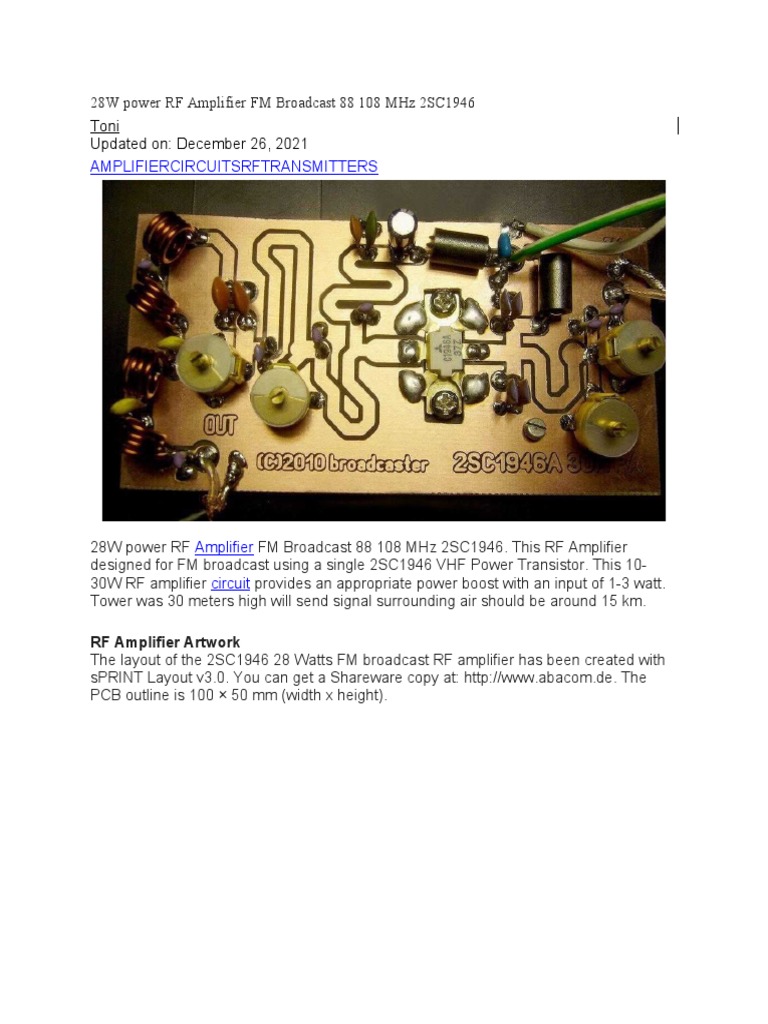 28W Power RF Amplifier FM Broadcast 88 108 MHZ 2SC1946 | PDF