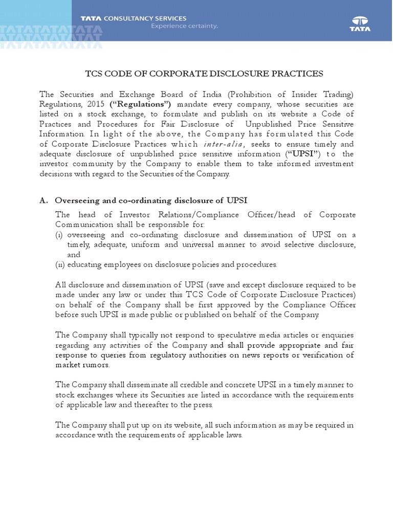 Tcs Code of Corporate Disclosure Practice | PDF | Tribunal | Insider Trading