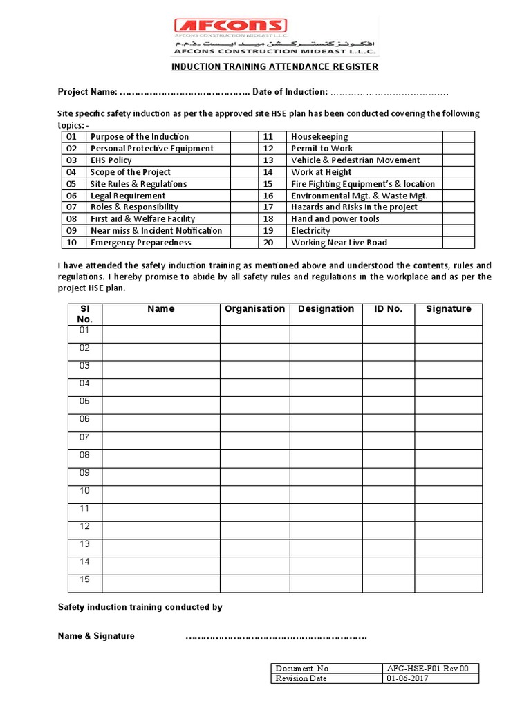 AFC-HSE-F01 - HSE Induction Record | PDF