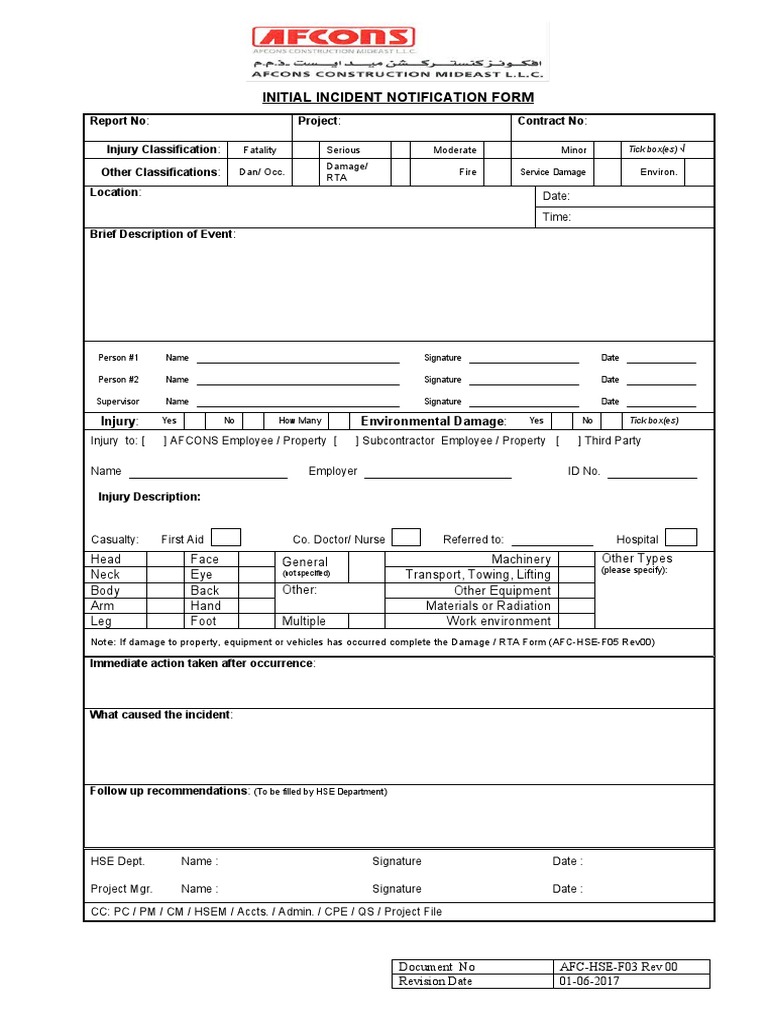 AFC-HSE-F03 - Initial Incident Notification Form | PDF