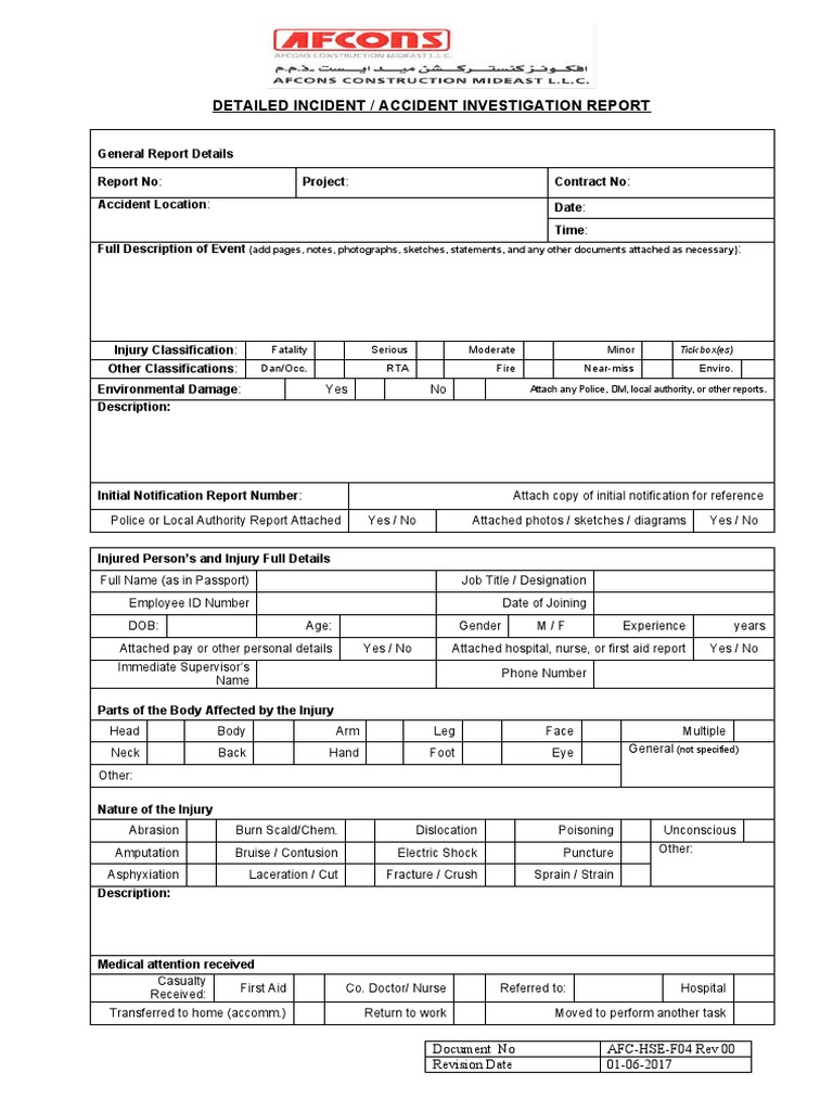 AFC-HSE-F04- Detailed Accident Investigation Report | PDF | Injury