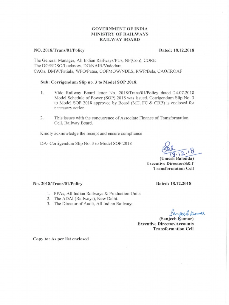 Corrigendum Slip No. 3 To Model SOP 2018 | PDF