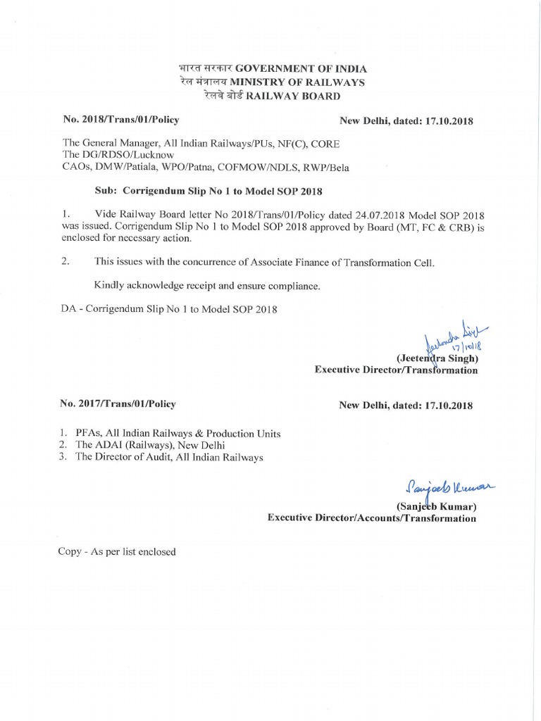 Corrigendum Slip No 1 To Model SOP 2018 | PDF