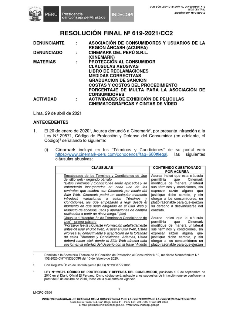 RESOLUCIÓN FINAL #619-2021/CC2: Cinemark | PDF | Tecnología