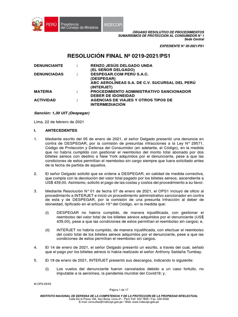 RESOLUCIÓN FINAL #0219-2021/PS1: Sanción: 1,30 UIT (Despegar) | PDF ...