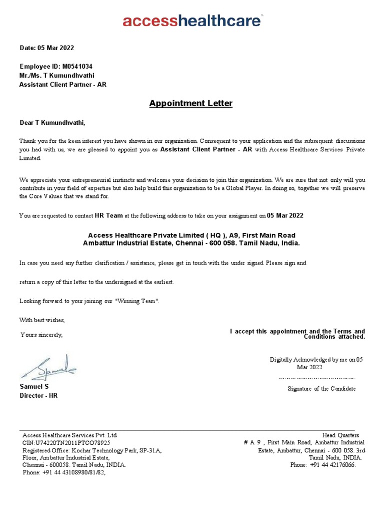 Appointment Letter for Assistant Client Partner | PDF | Insurance ...